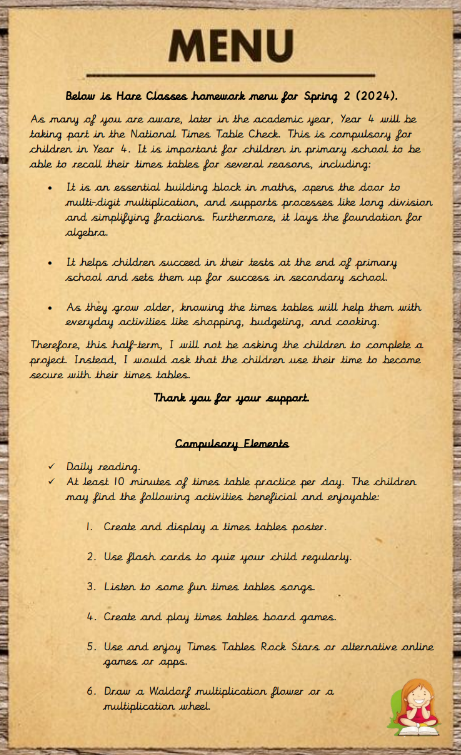 Homework Menus | Cleobury Mortimer Primary School